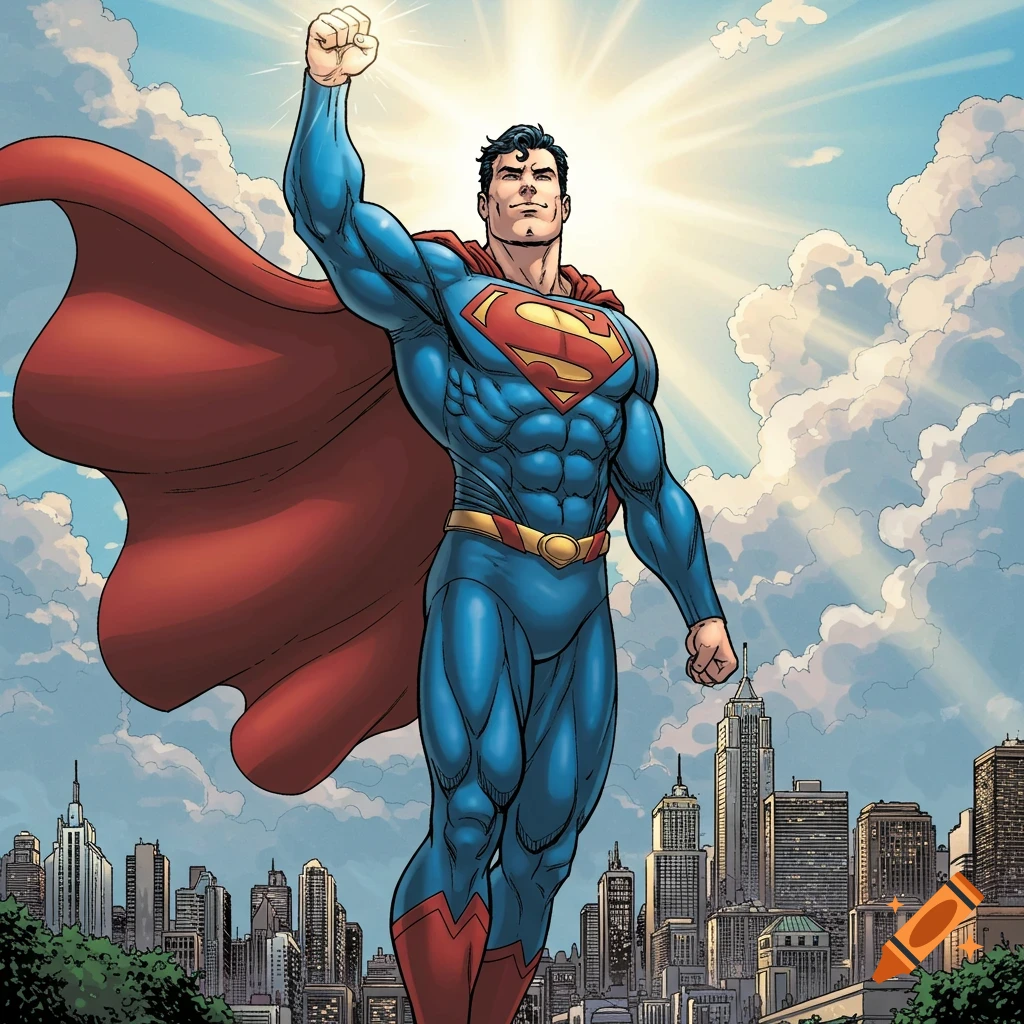 Superman triumphantly poses while flying over a city skyline in a comic ...