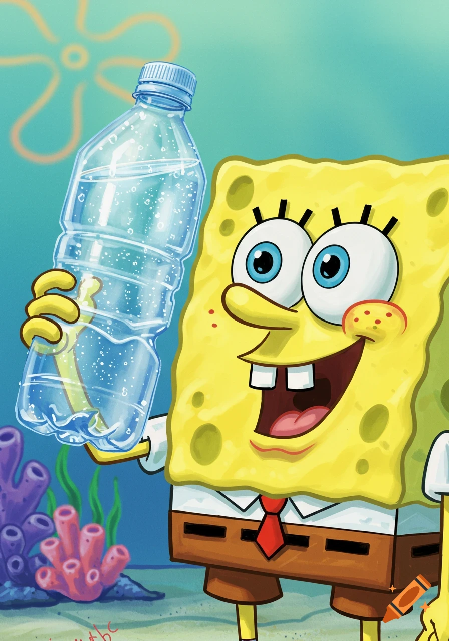 Spongebob Squarepants holds up a plastic bottle of water in a cartoon ...