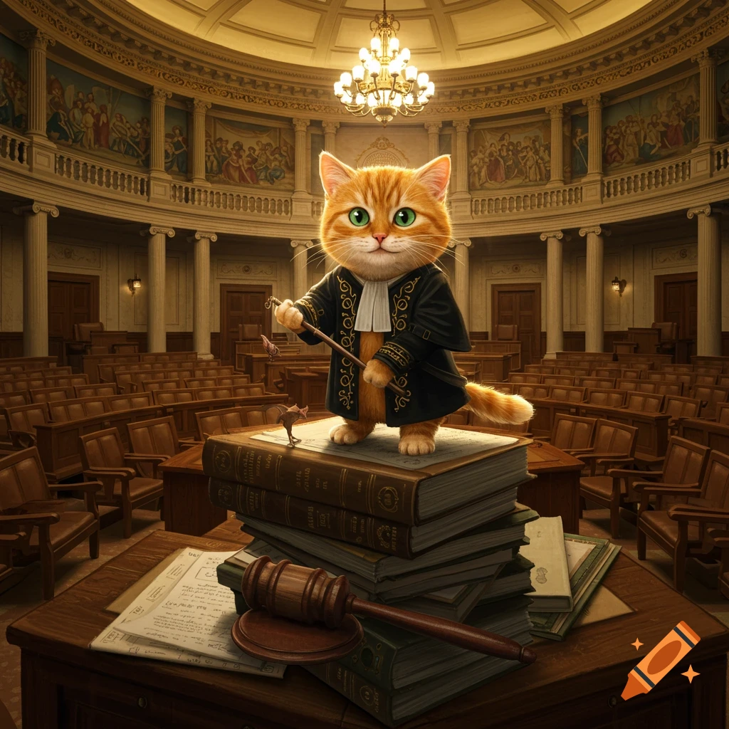 Ginger cat wearing judicial robes stands on books in a courtroom. on ...