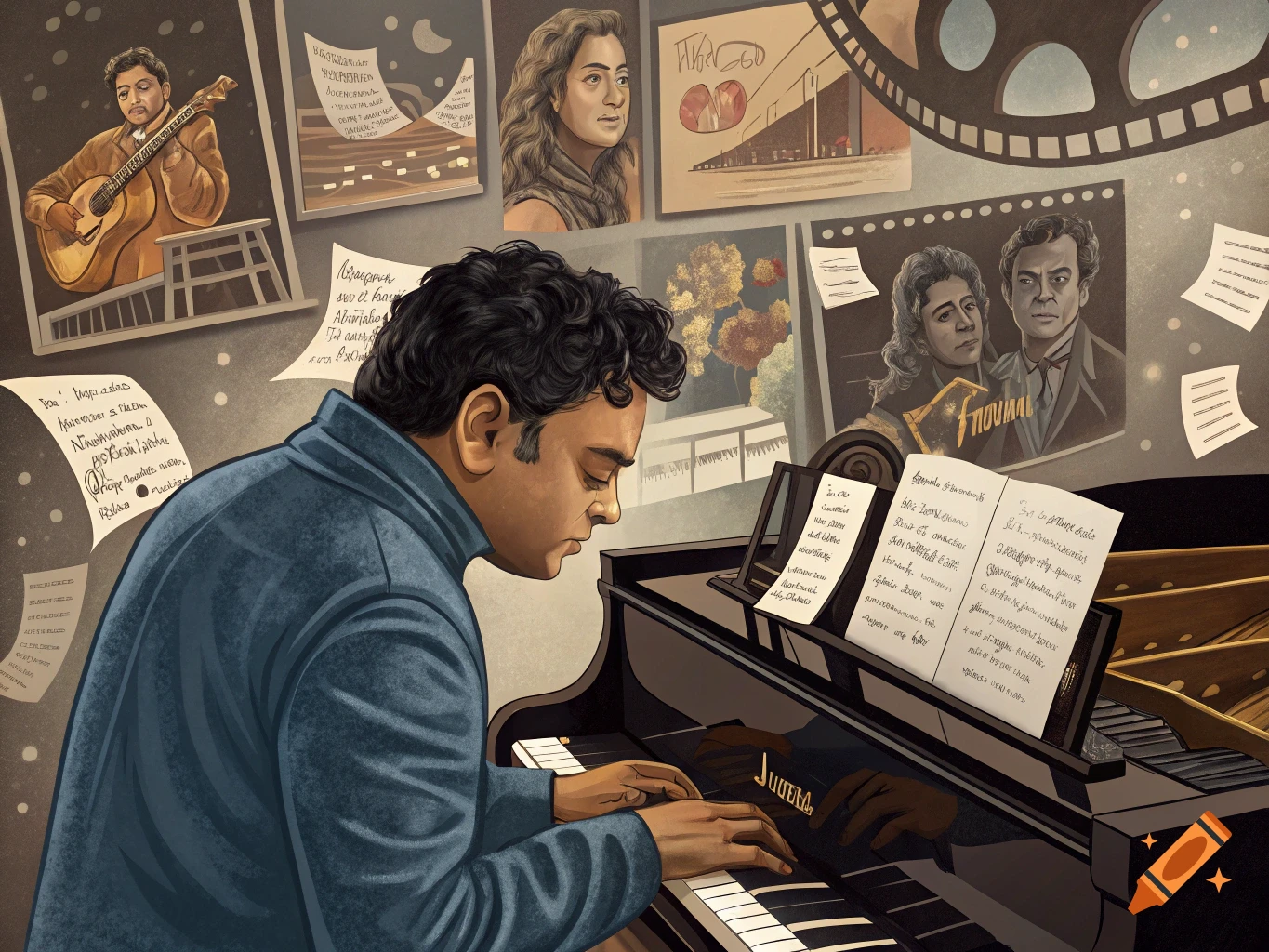 A man plays a piano, surrounded by posters and papers featuring ...