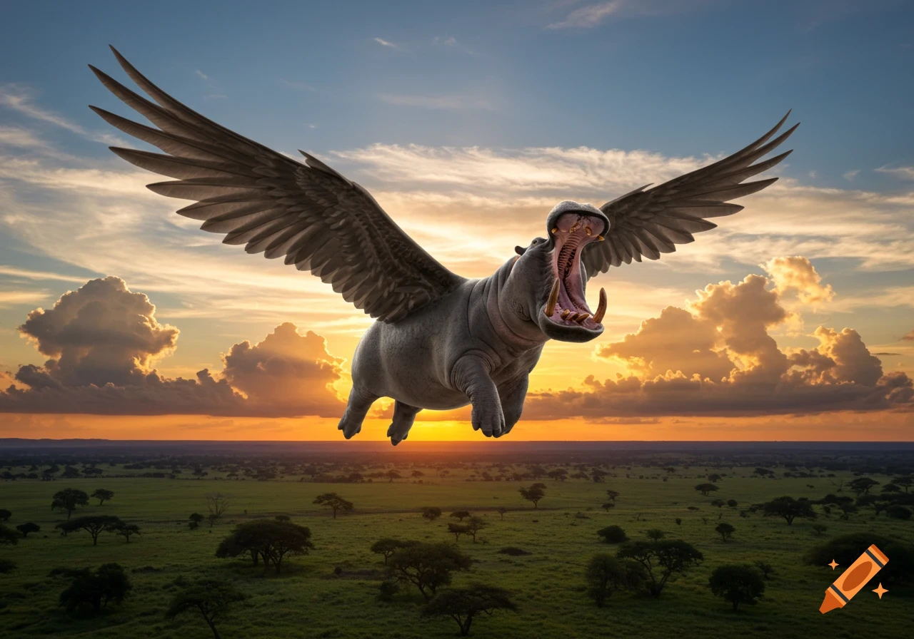 A winged hippopotamus flies over an African savanna at sunset. on Craiyon