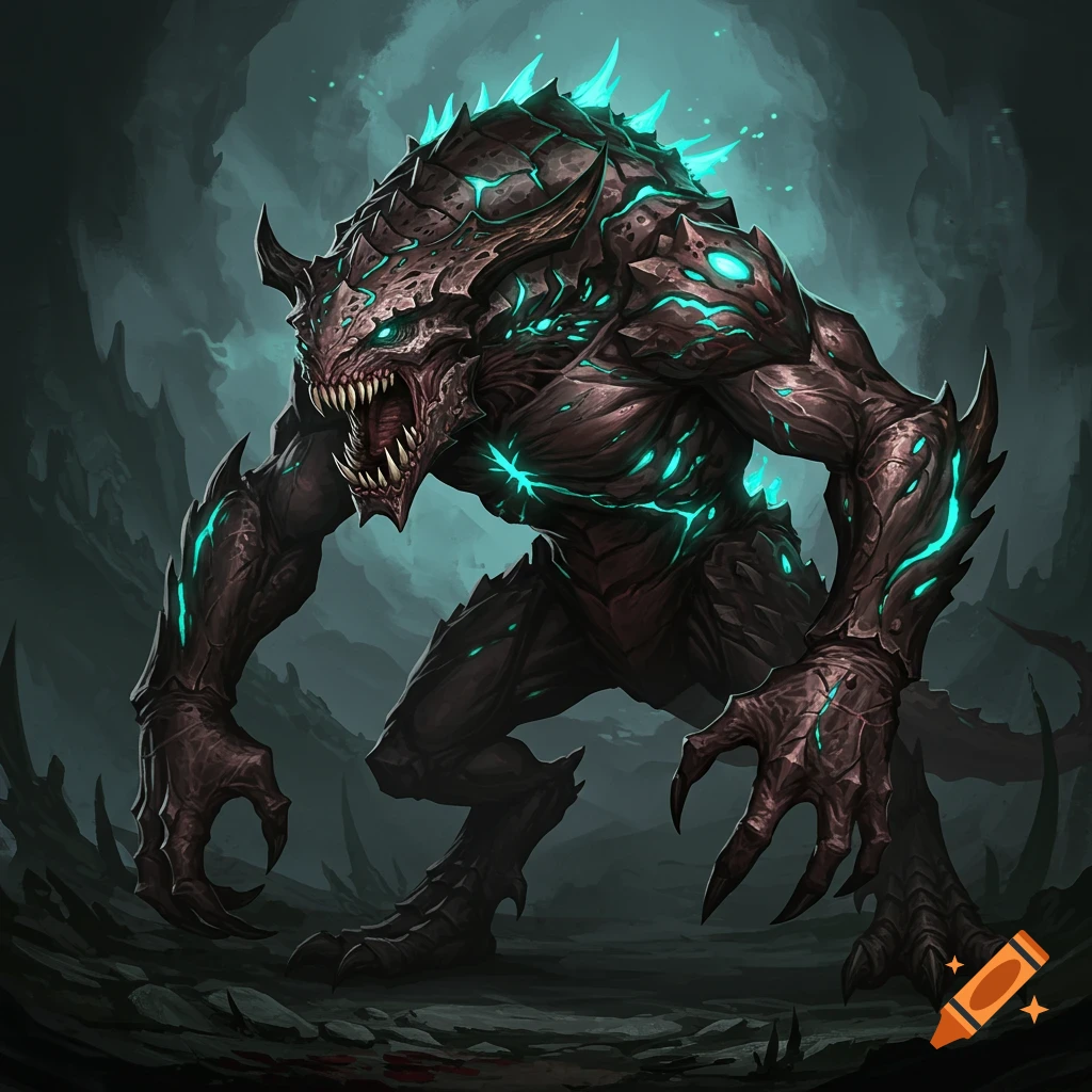 Large, scaly monster with glowing blue accents, sharp teeth, and claws ...