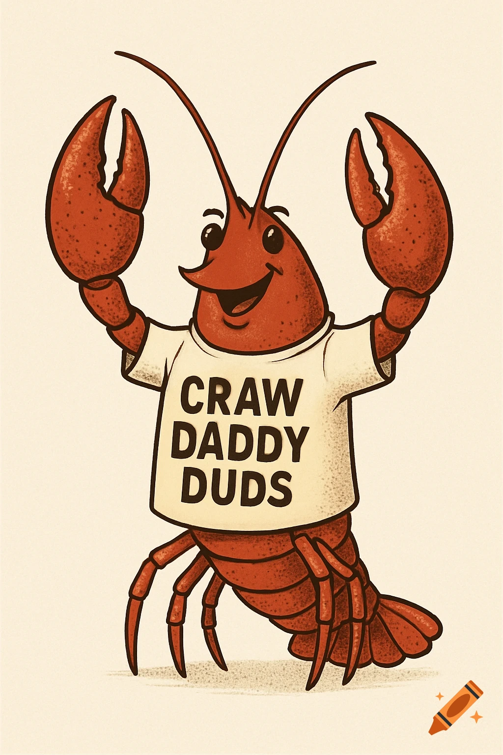 A cartoon crawfish wearing a white t-shirt that says "CRAW DADDY DUDS ...