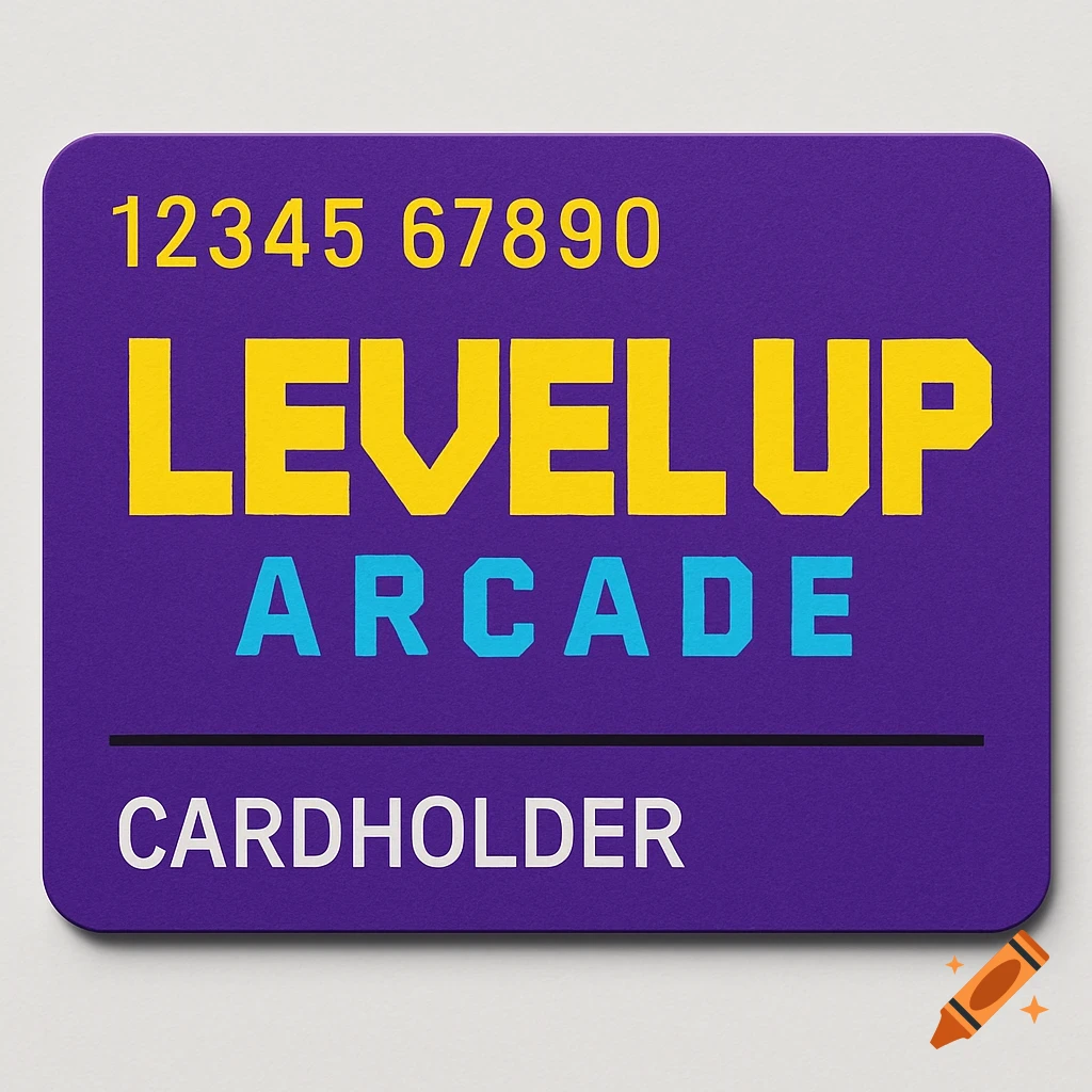 Retro style arcade card design with 'LEVEL UP ARCADE' and a card number ...