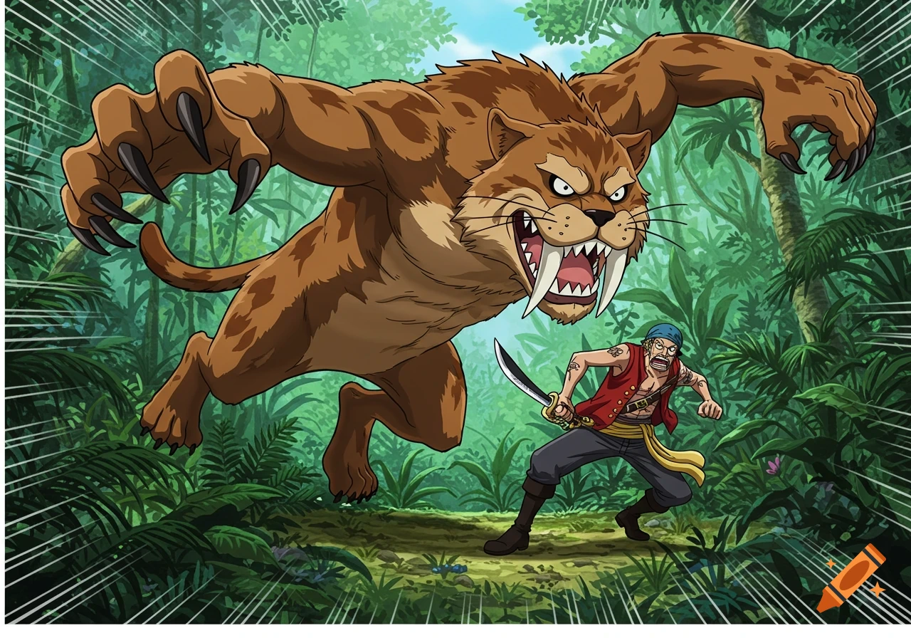 Anime illustration of a sabertooth cat attacking a pirate in a jungle ...