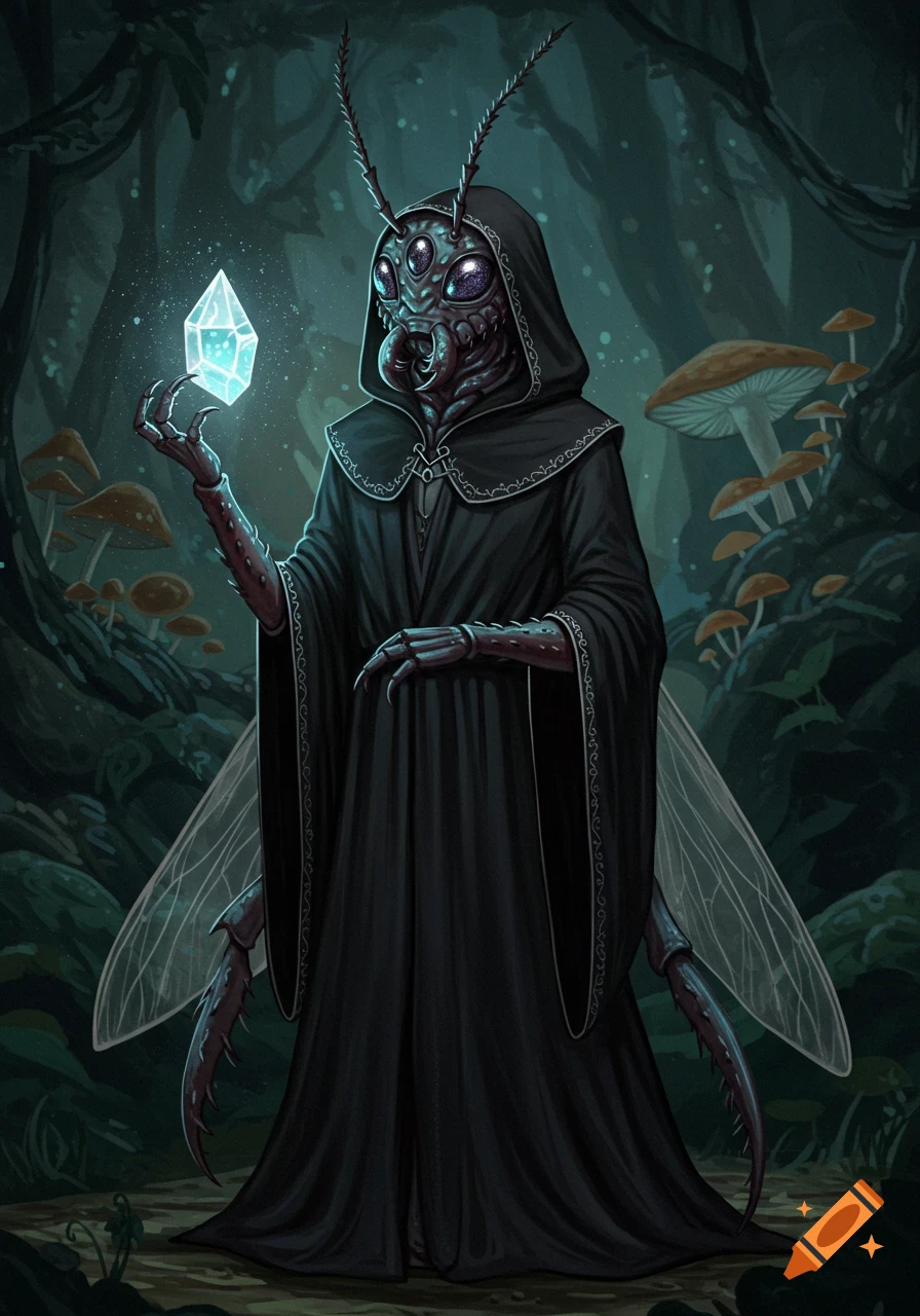 Fantasy illustration of a robed insect creature holding a glowing ...