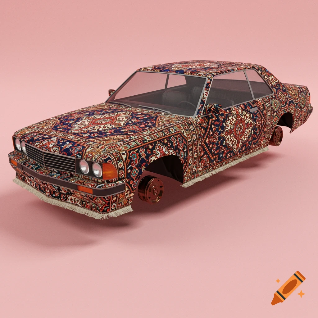 A vintage car covered in a Persian rug pattern floats over a pink ...
