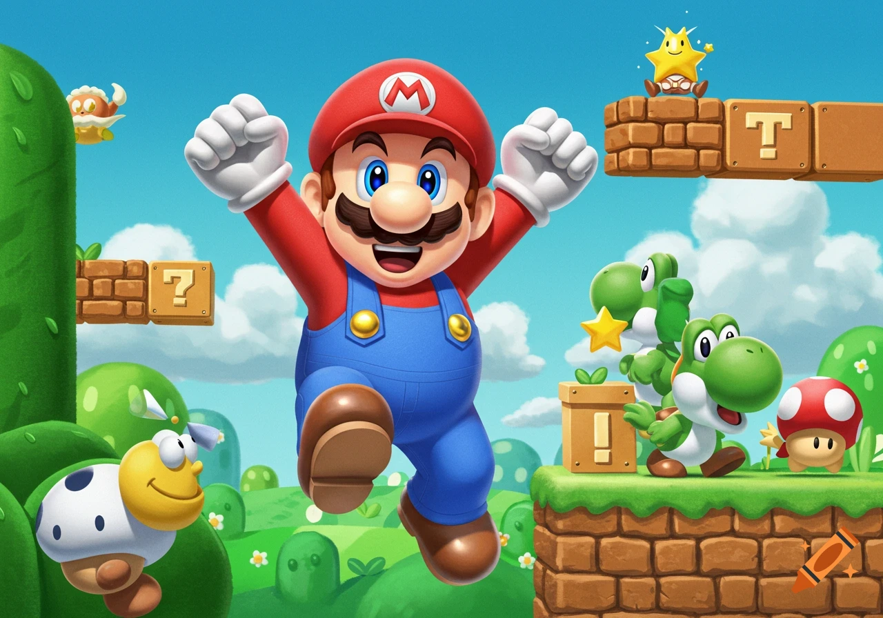 Mario jumps happily in a colorful Super Mario world scene with Yoshi, a ...