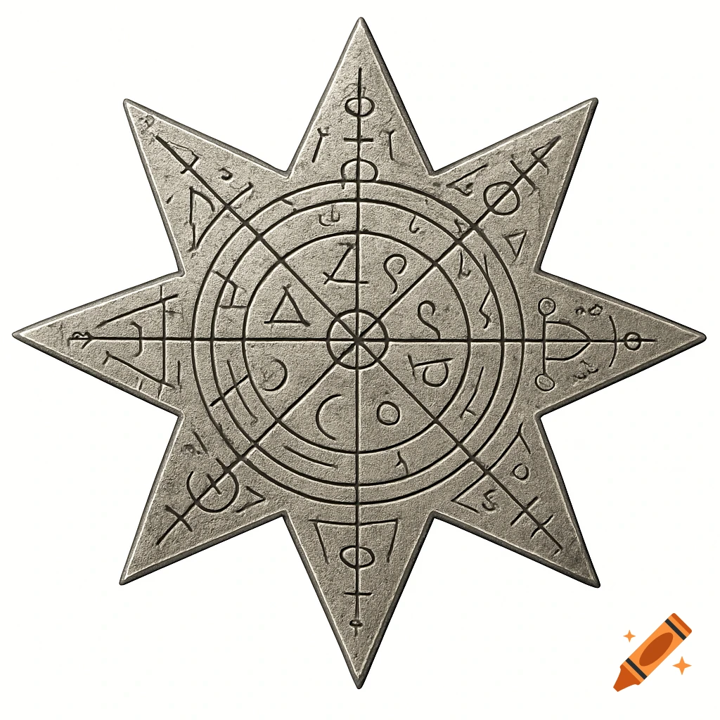 A stone-like 7-pointed star engraved with arcane symbols. on Craiyon