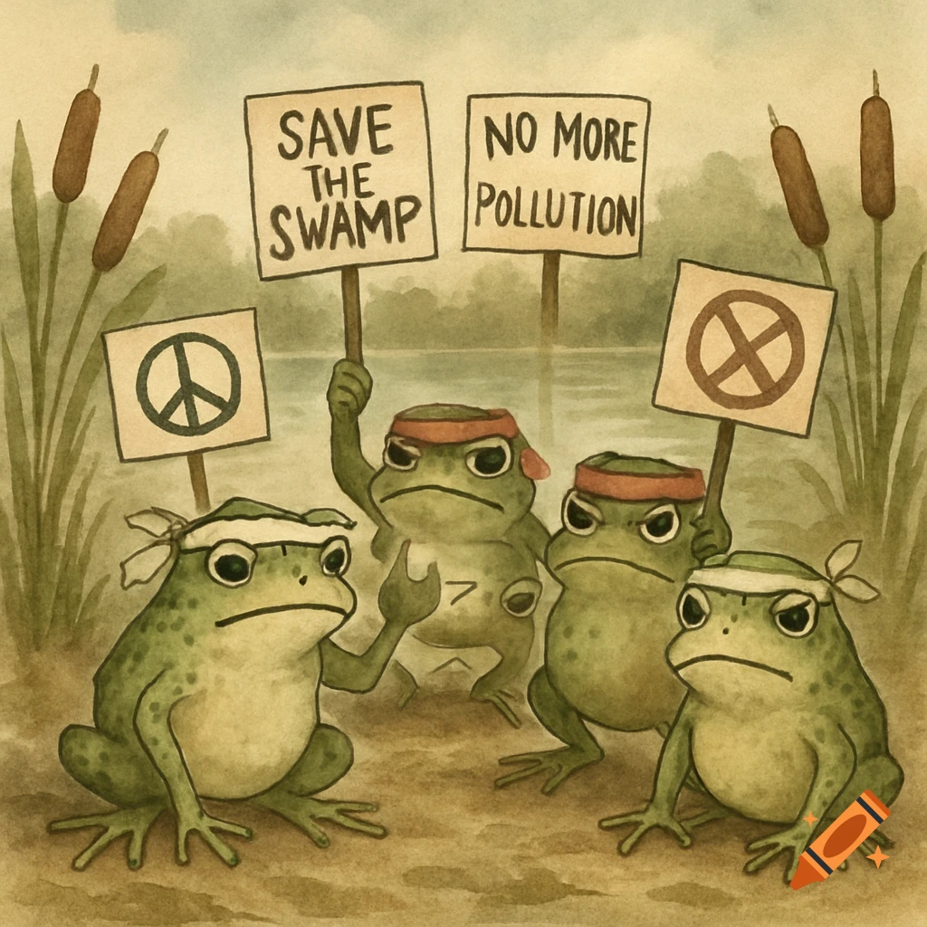 Cartoon frogs with headbands hold protest signs in a swamp, watercolor ...