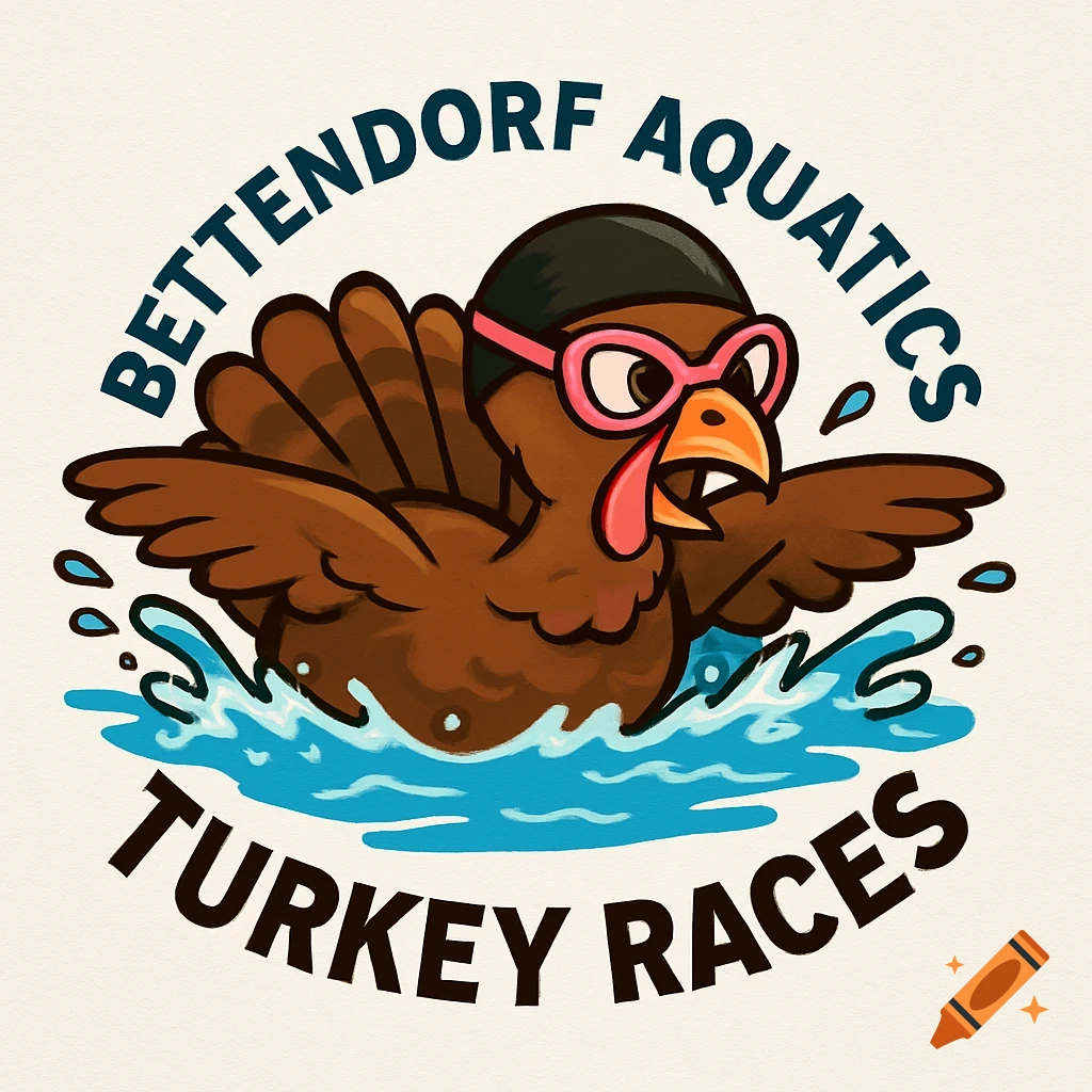 Cartoon logo of a turkey swimming in water, wearing pink goggles and a ...