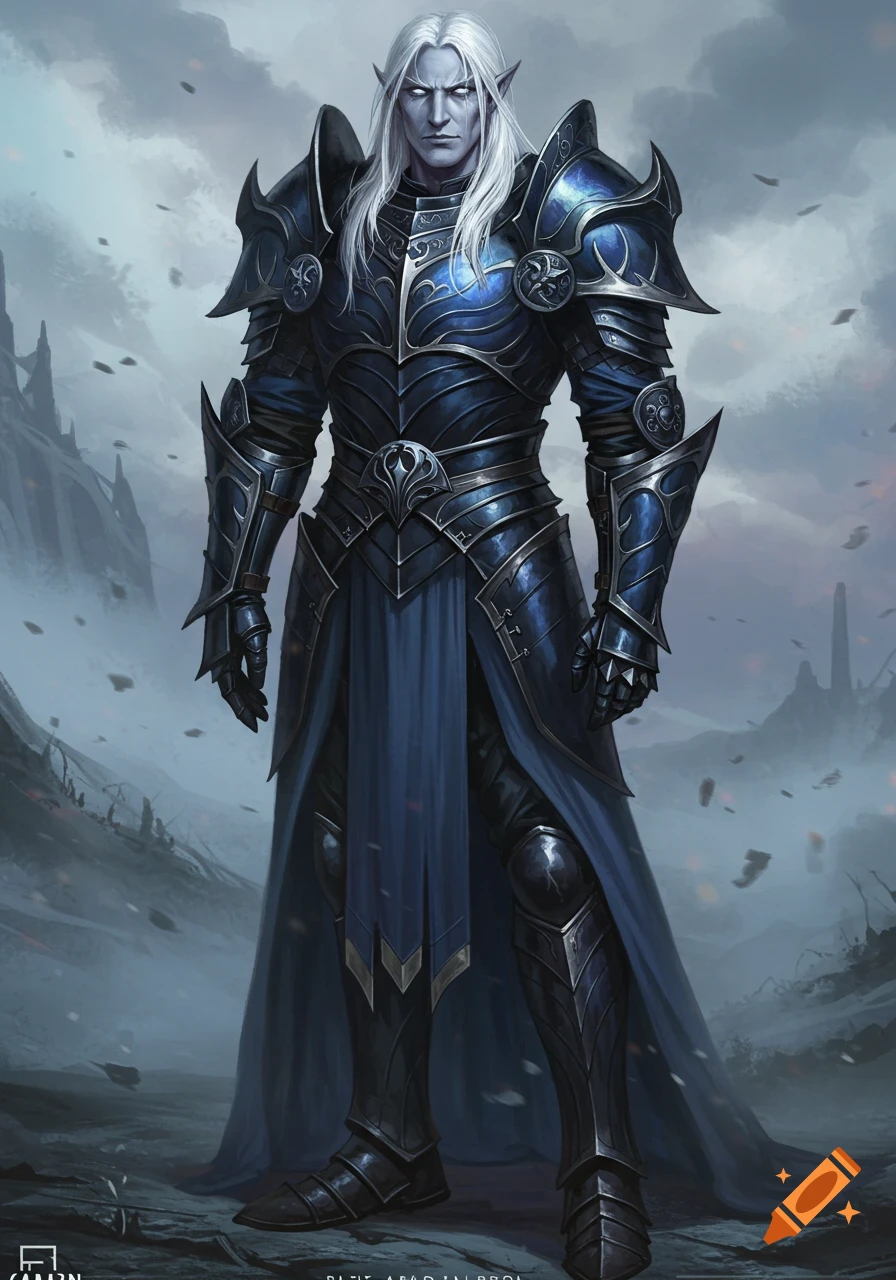 A male fantasy elf in dark blue full plate armor with white hair stands ...