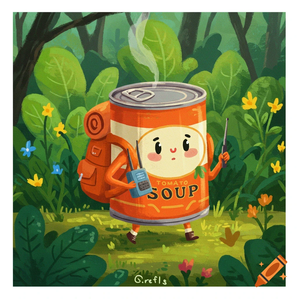 A cartoon soup can character wearing a backpack and holding a radio ...