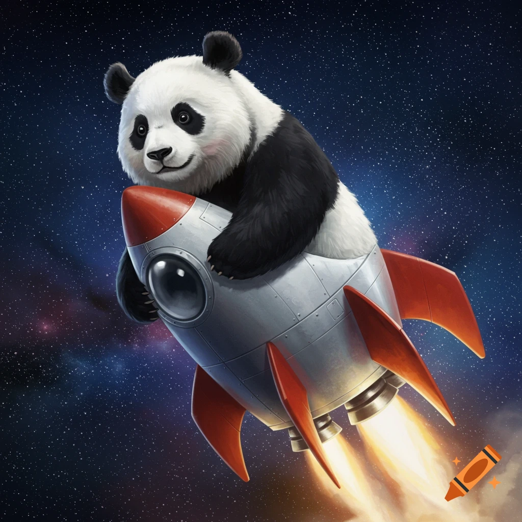 A cute panda rides a rocket through space. on Craiyon