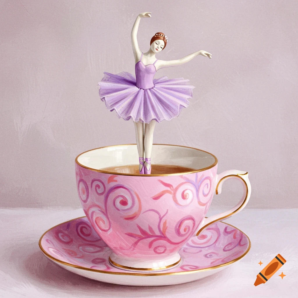 A ballerina figure stands on a decorative pink teacup and saucer. on ...