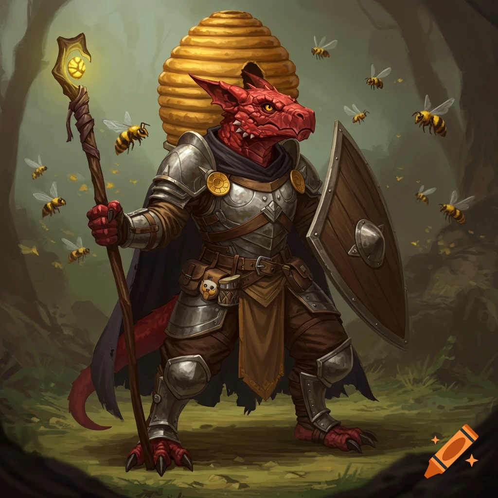 Red-scaled kobold in armor with a beehive on its back, holding a staff ...