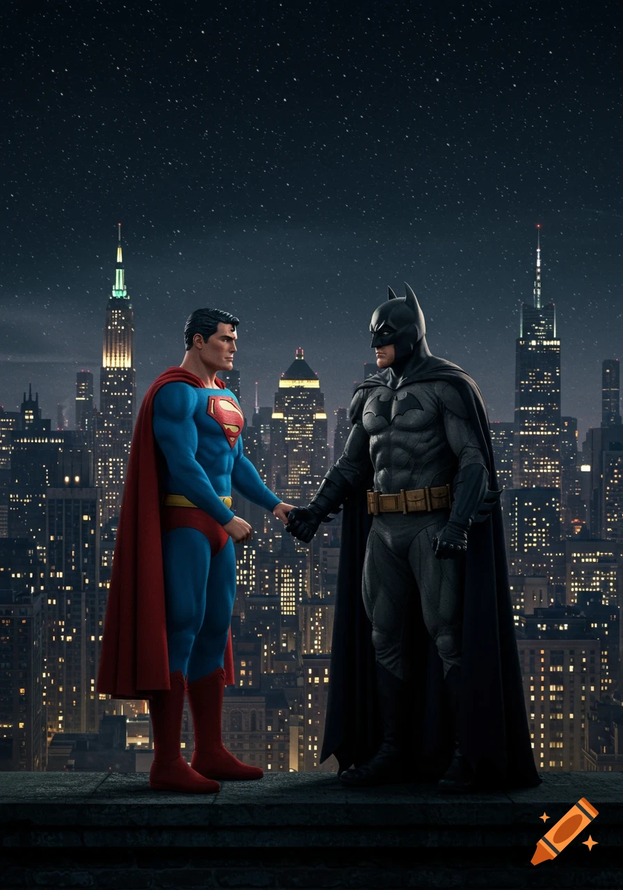Superman and Batman stand holding hands on a rooftop overlooking a city ...