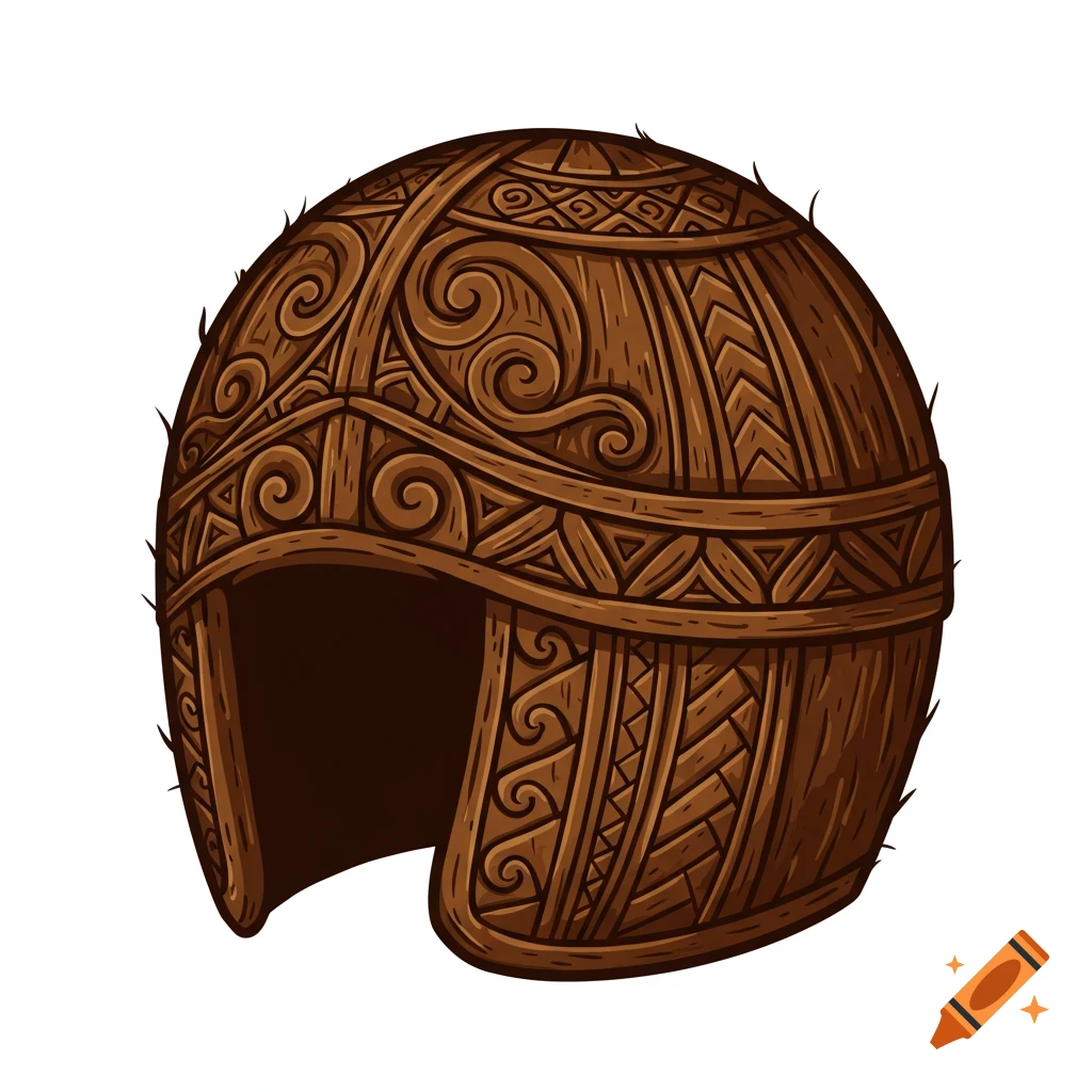 Illustration of a traditional Hawaiian Ikaika coconut helmet with ...
