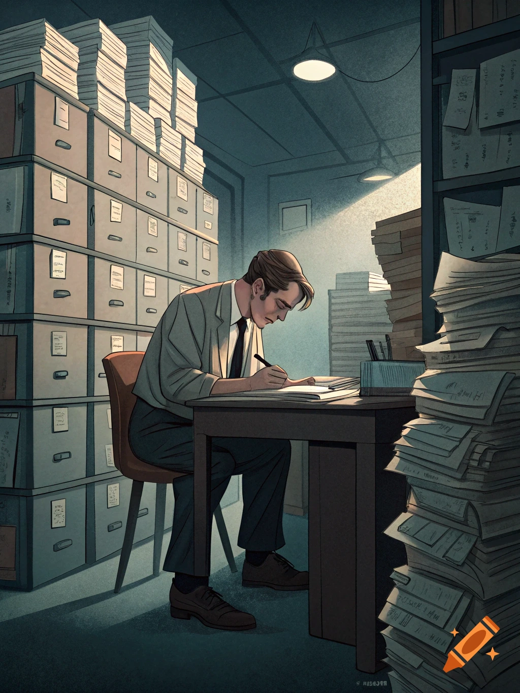 Illustration of a man writing at a desk in an office filled with papers ...