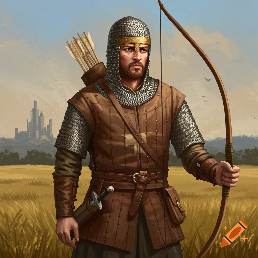 A medieval archer stands in a field with a bow and arrows, a castle in ...