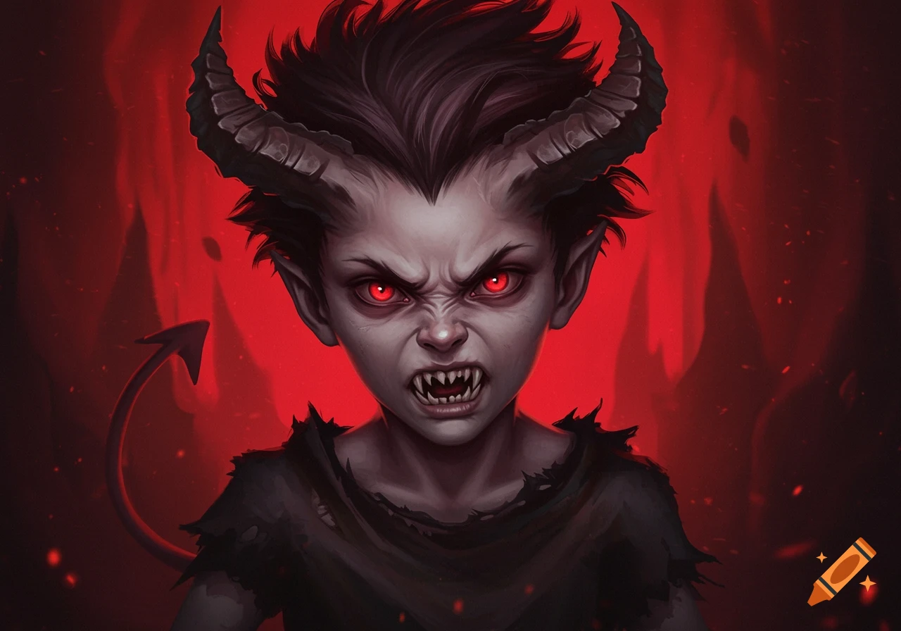 Close-up illustration of a young demon with horns, red eyes, fangs, and a tail against a red ...