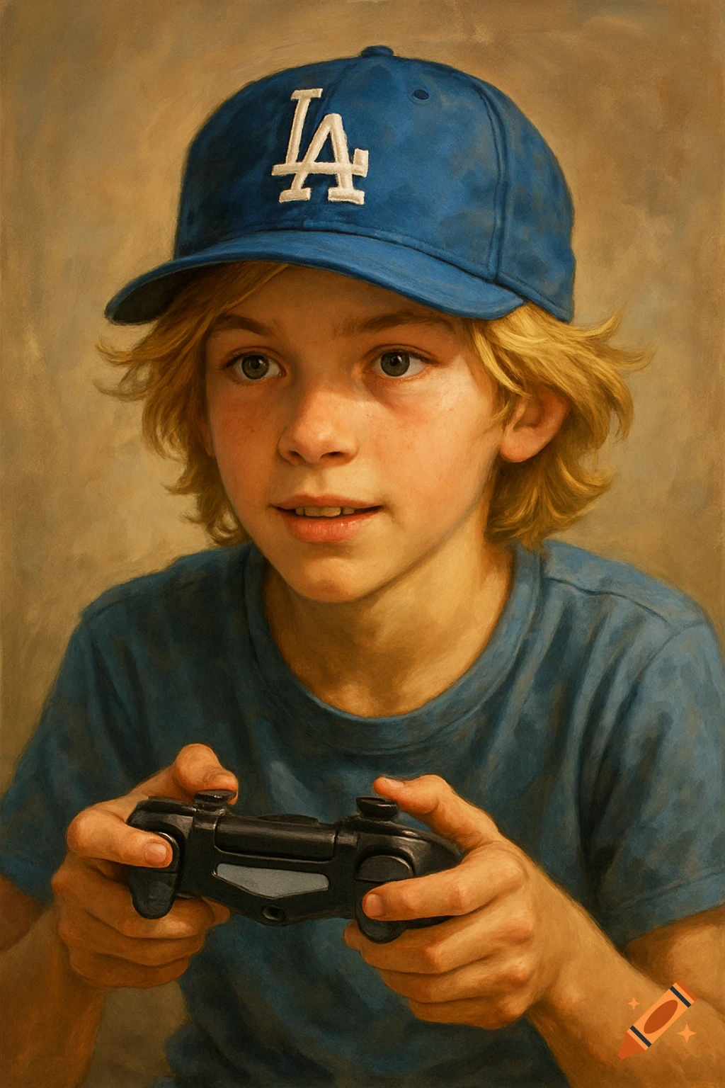 Painterly portrait of a blond boy in a blue Dodgers cap playing a video ...