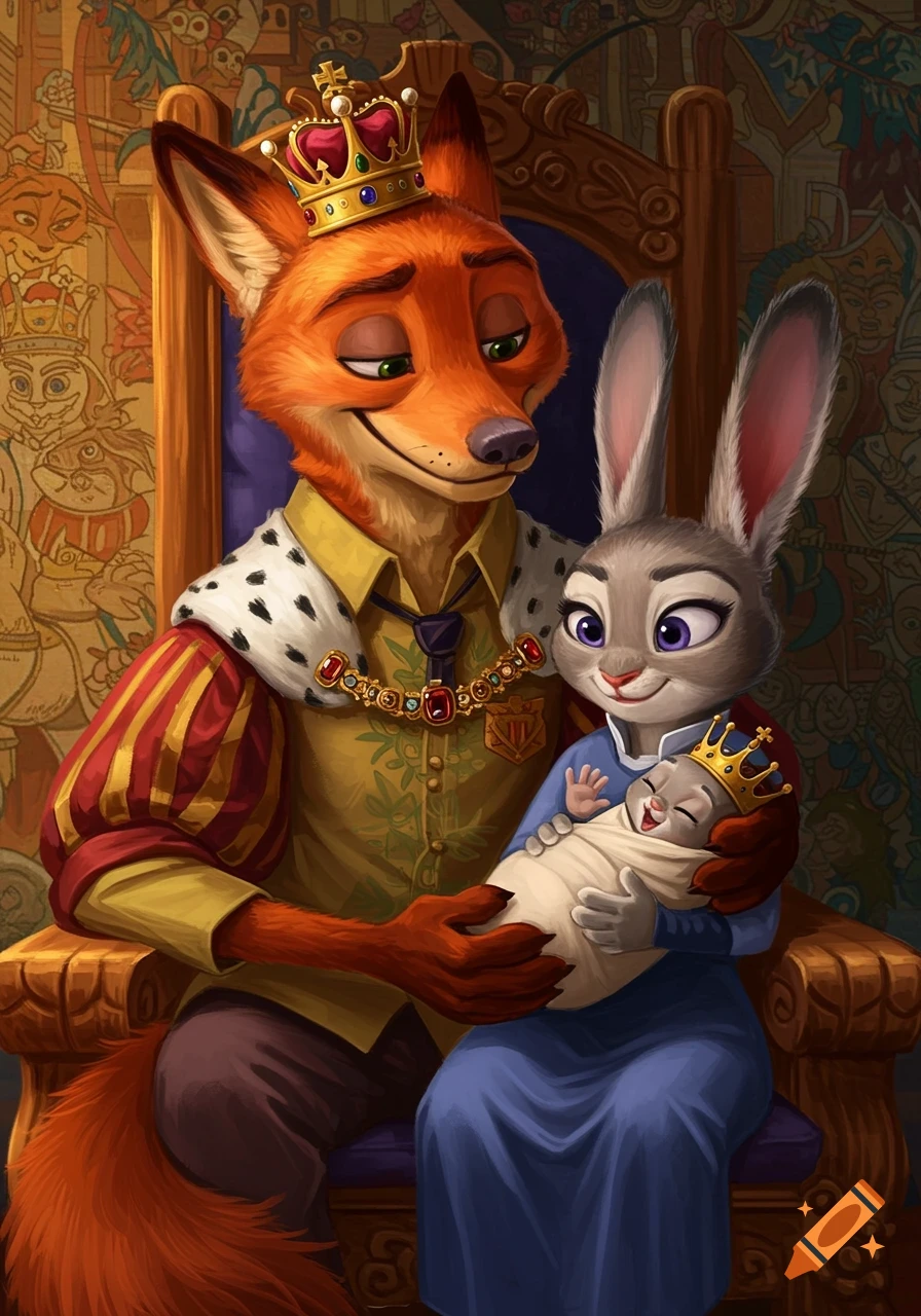King Nick Wilde And Queen Judy Hopps Sit On A Throne Holding Their