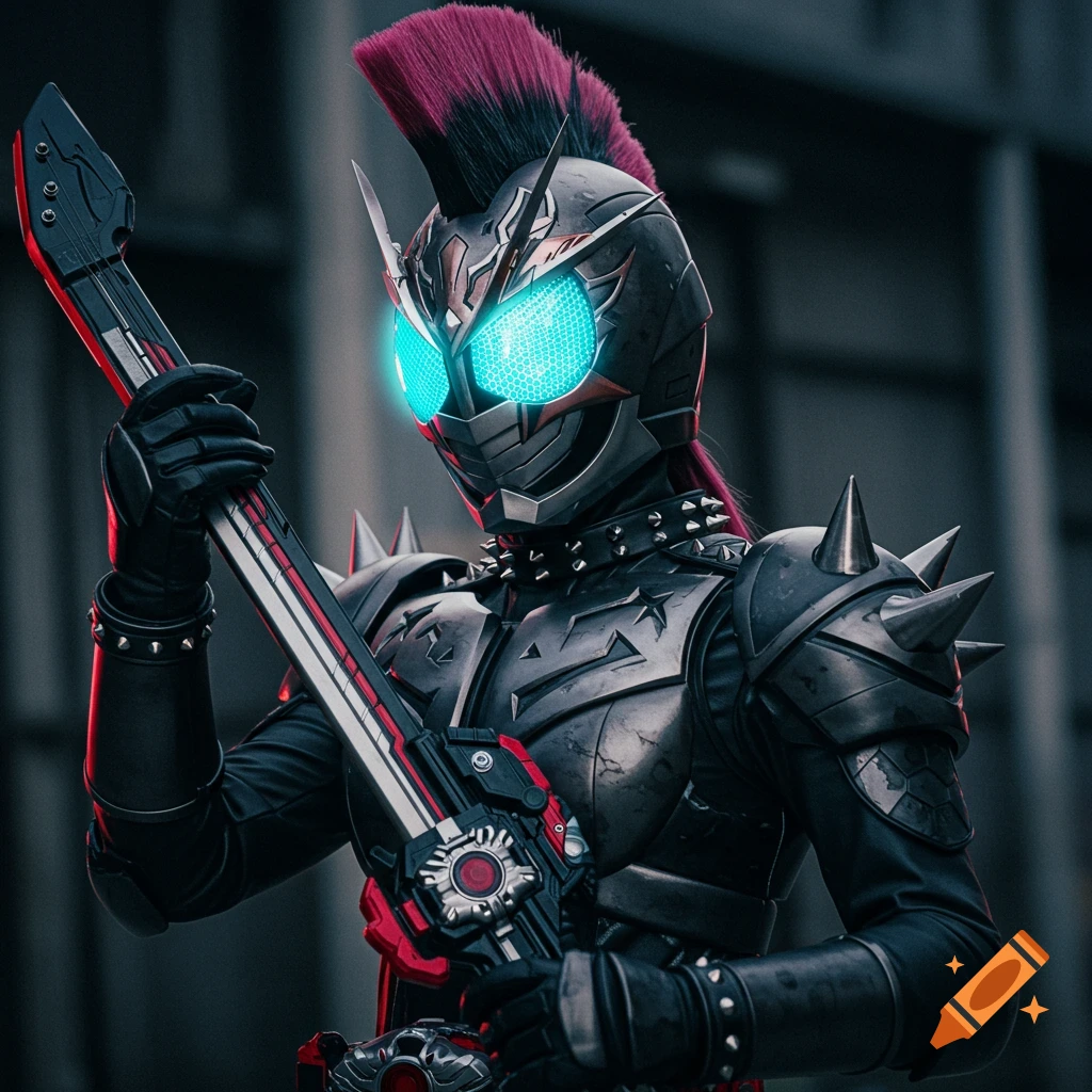 A sci-fi armored character with a punk mohawk holds a futuristic guitar ...