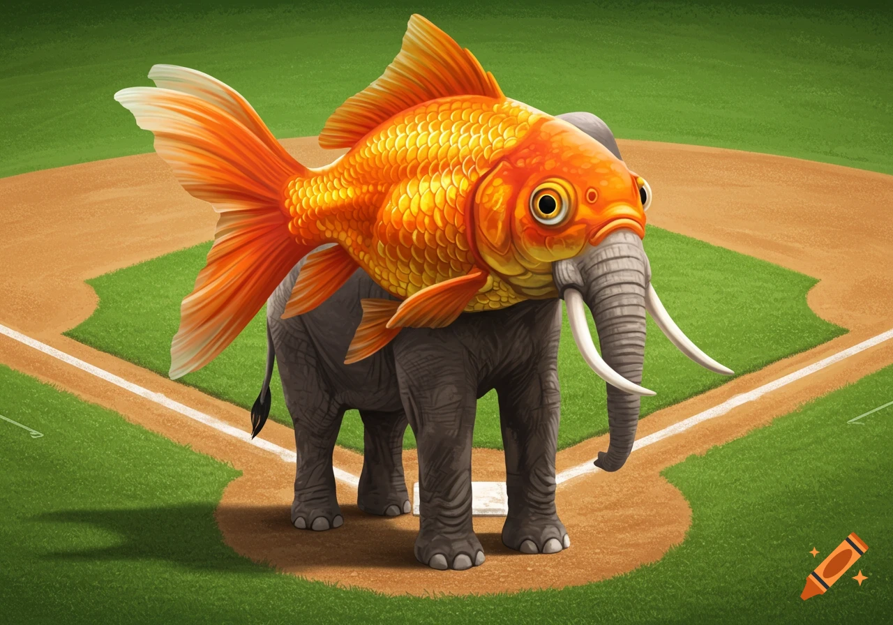 An illustration of a hybrid goldfish and elephant creature standing on ...