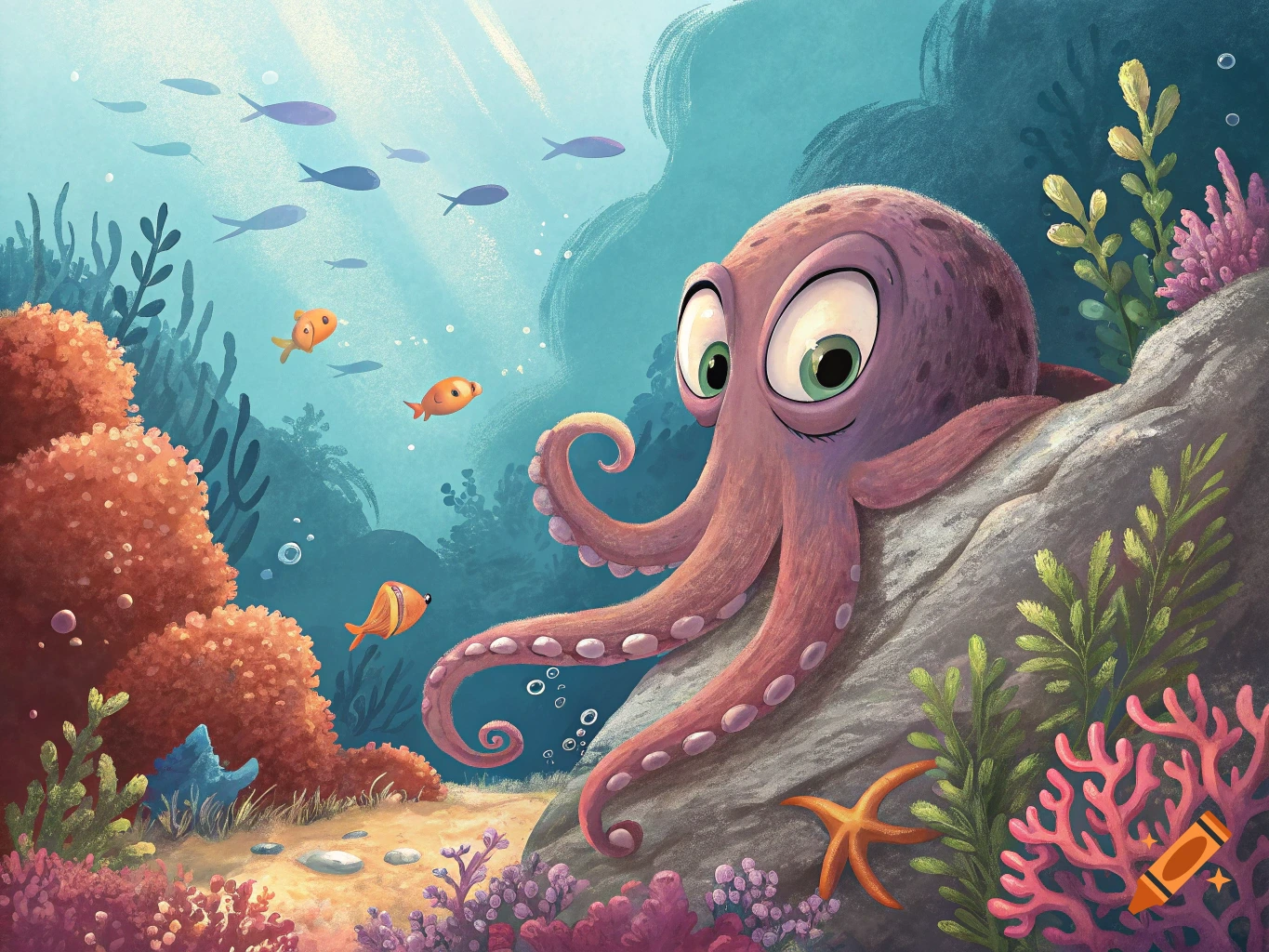 Cartoon octopus looks from behind a rock underwater with fish and coral ...