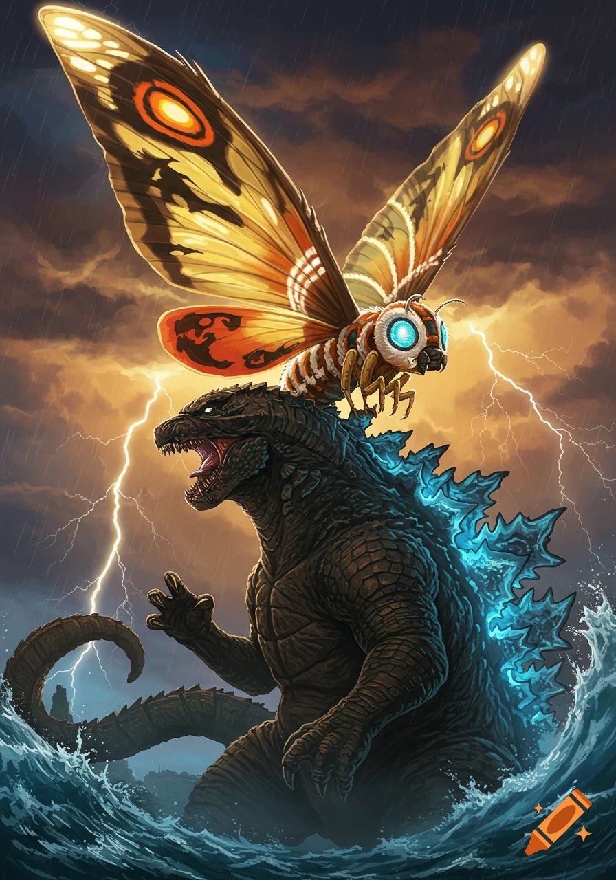 Mothra riding on Godzilla's back during a stormy night with lightning ...