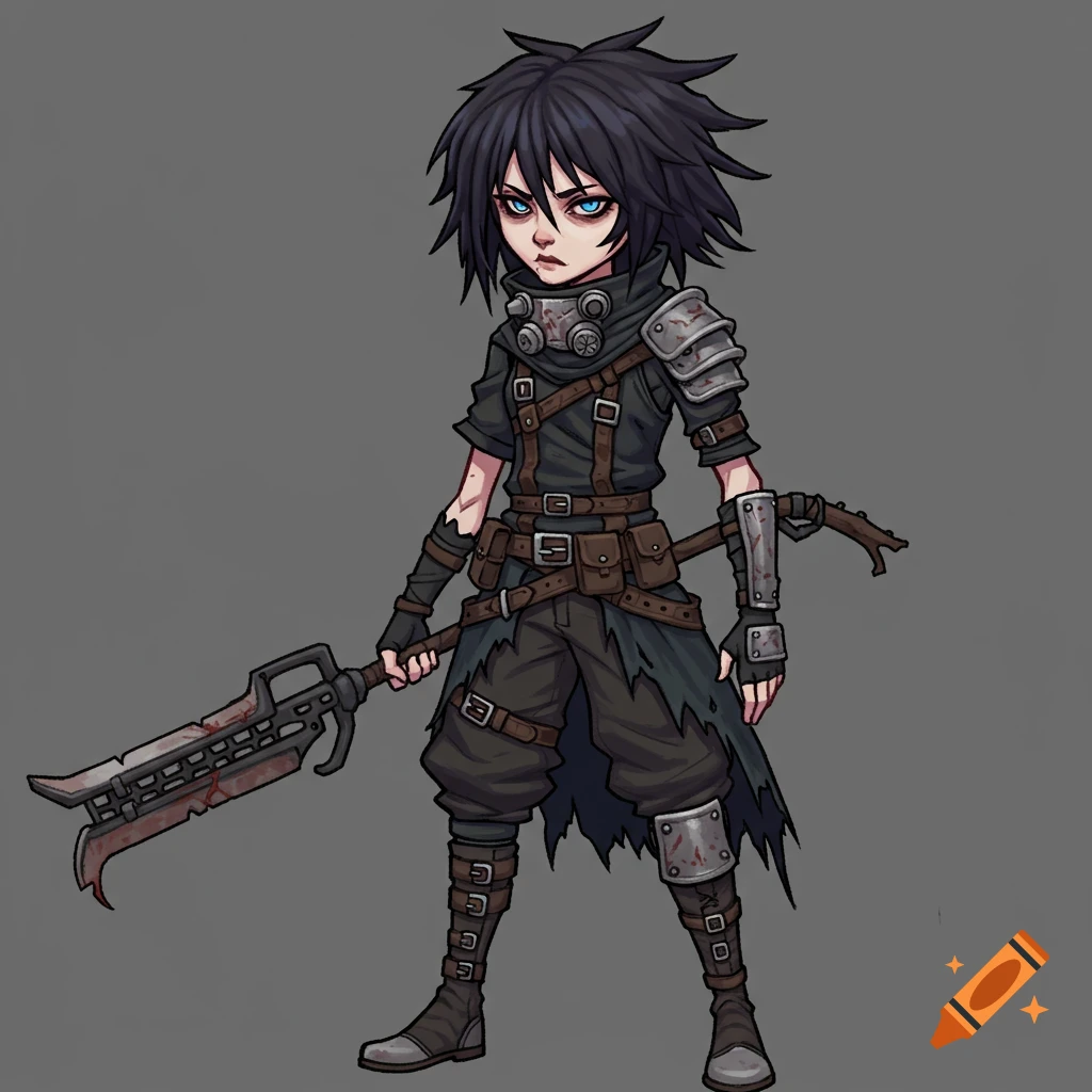 2D sprite of a dark-haired post-apocalyptic character in gear holding a ...