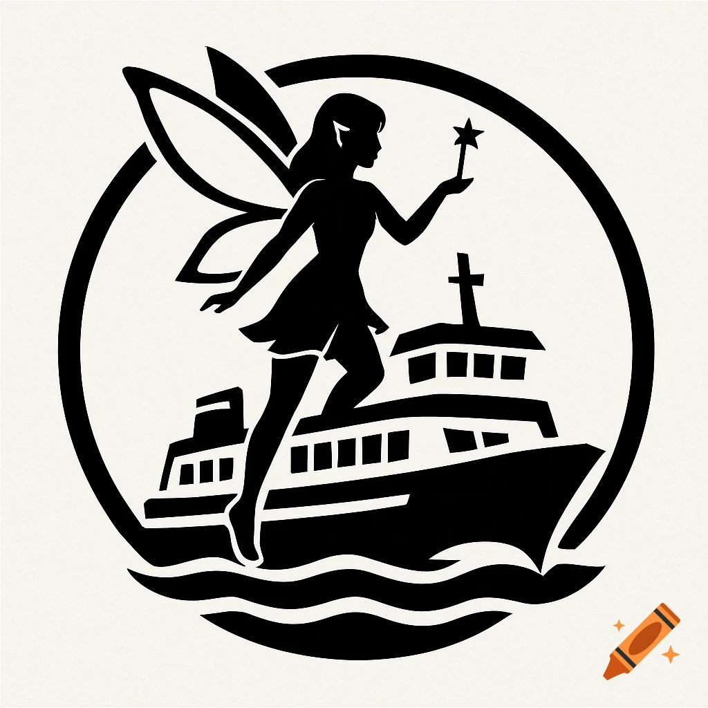 Black and white logo of a fairy flying over a ferry boat inside a ...