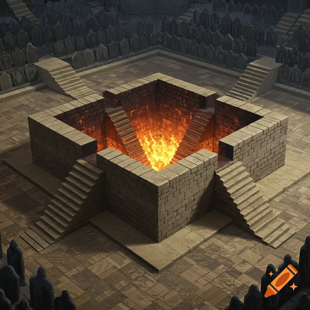 Large square stone structure with steps descending into a central fiery ...
