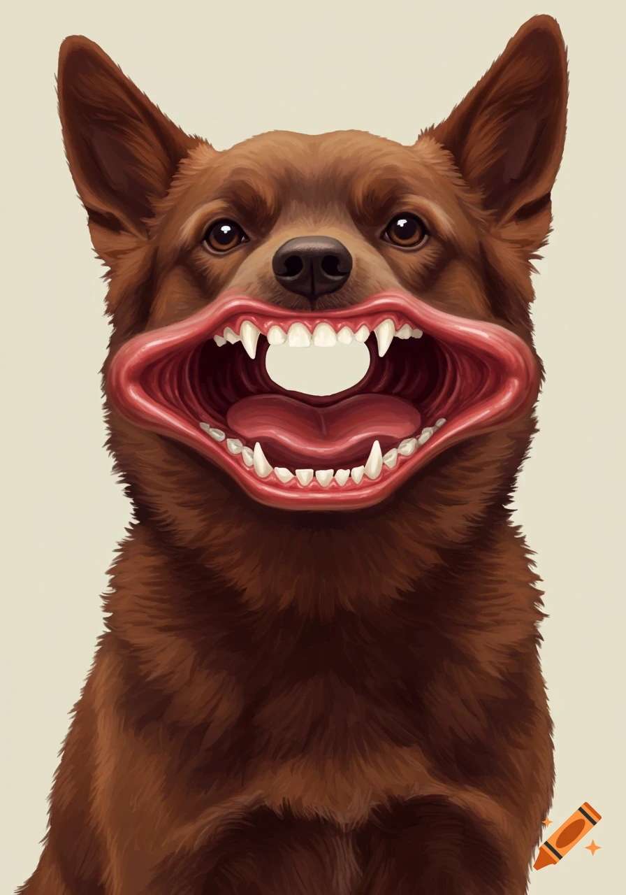 Illustration of a brown dog with a large, grotesquely distorted mouth ...