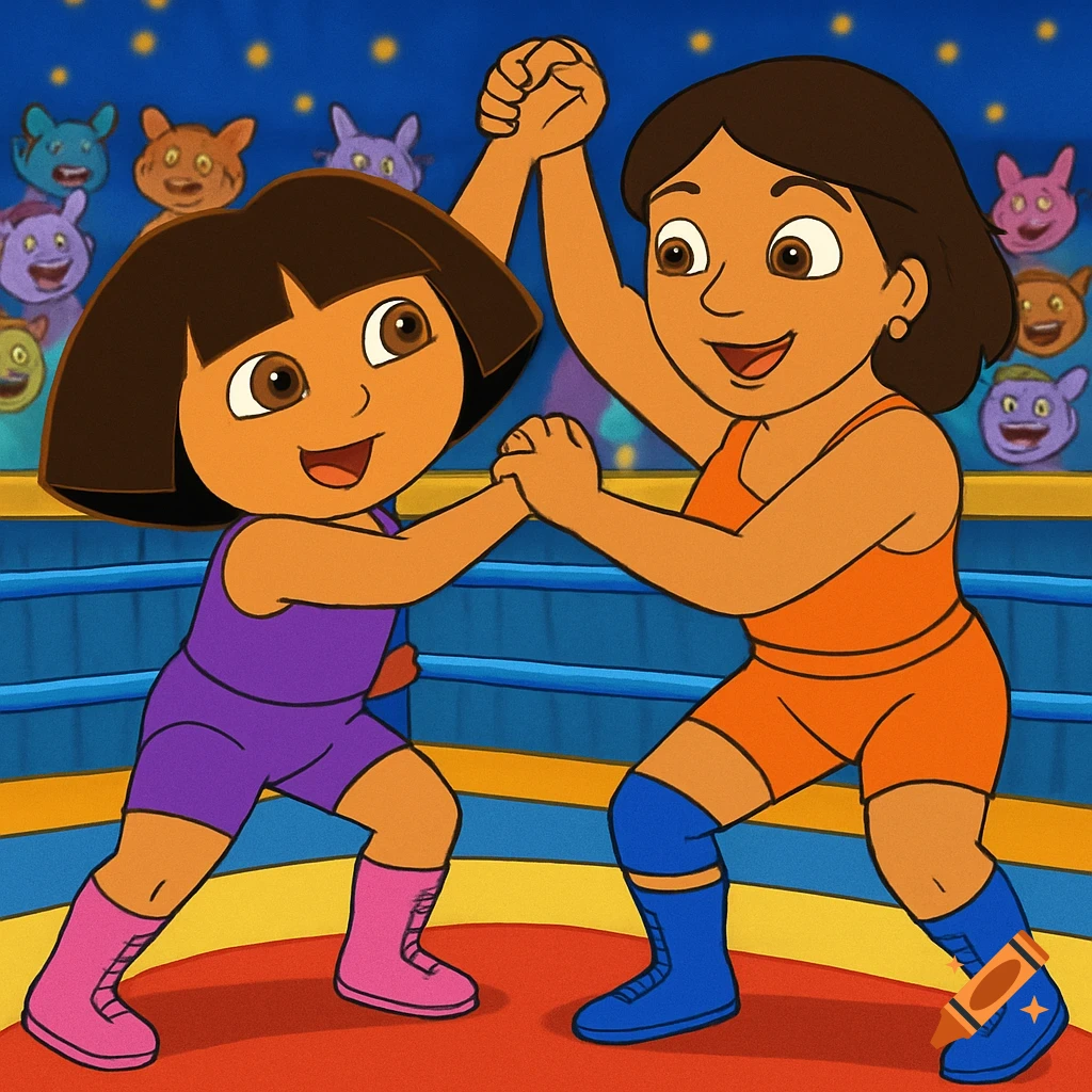 Cartoon of Dora the Explorer wrestling her mother in a ring on Craiyon