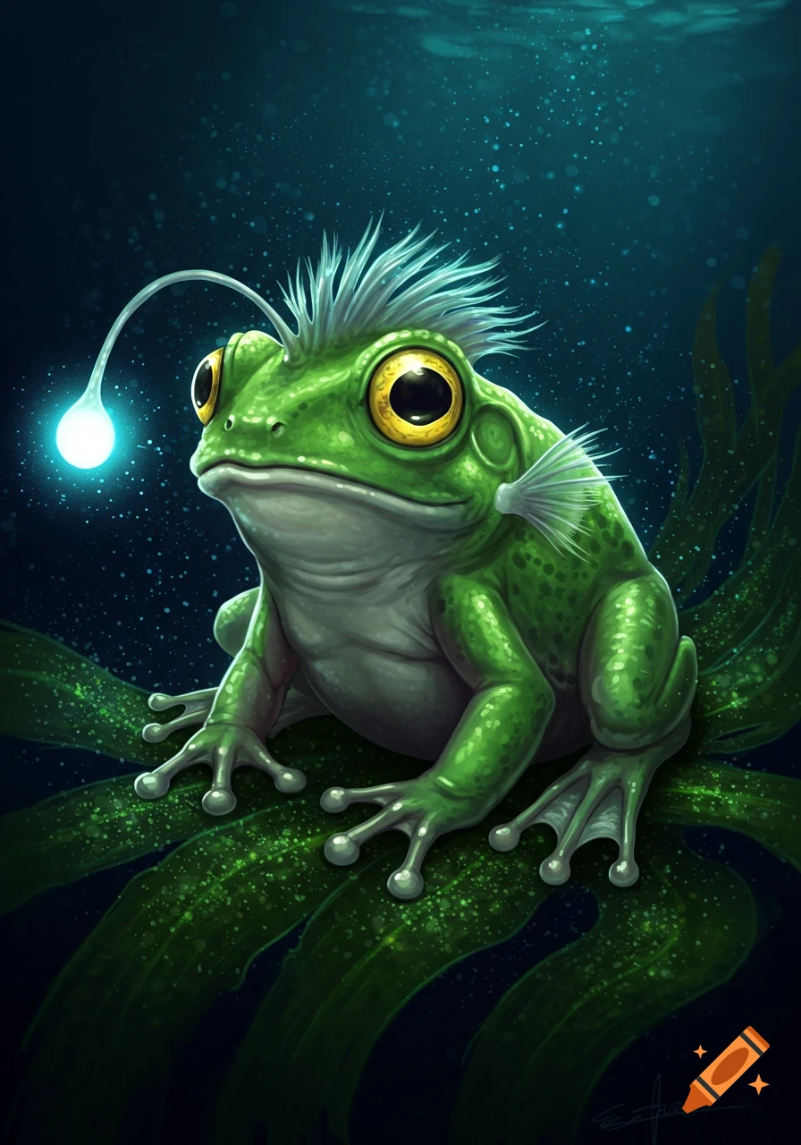 A green frog-like creature with anglerfish features sits on a plant ...