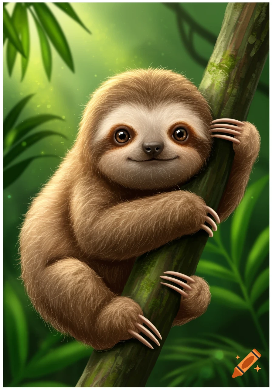 A cute baby sloth clings to a tree branch in a jungle. on Craiyon