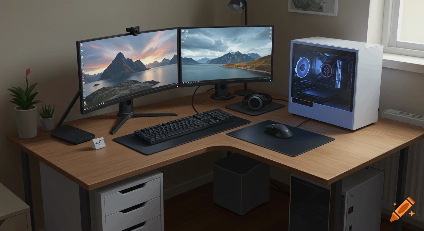 A modern computer desk setup with two monitors, keyboard, mouse, PC tower, and potted plants in ...