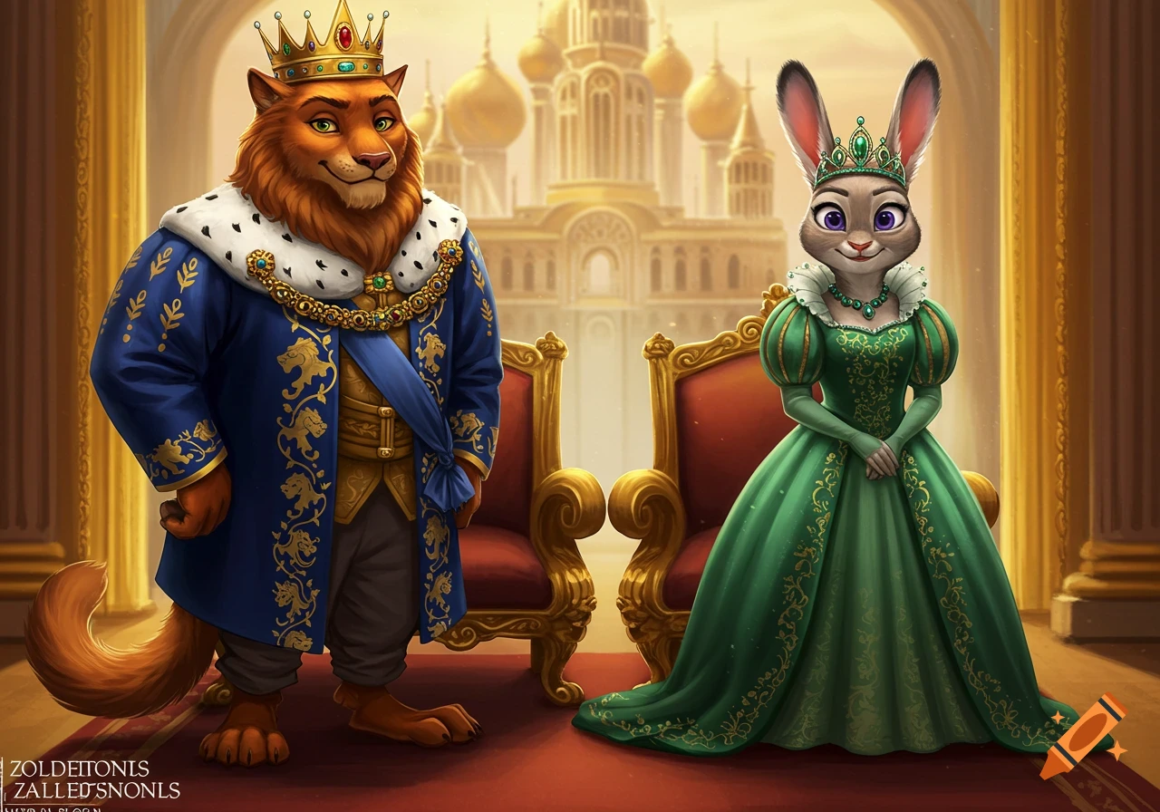 Anthropomorphic lion king and rabbit queen in elaborate royal attire ...