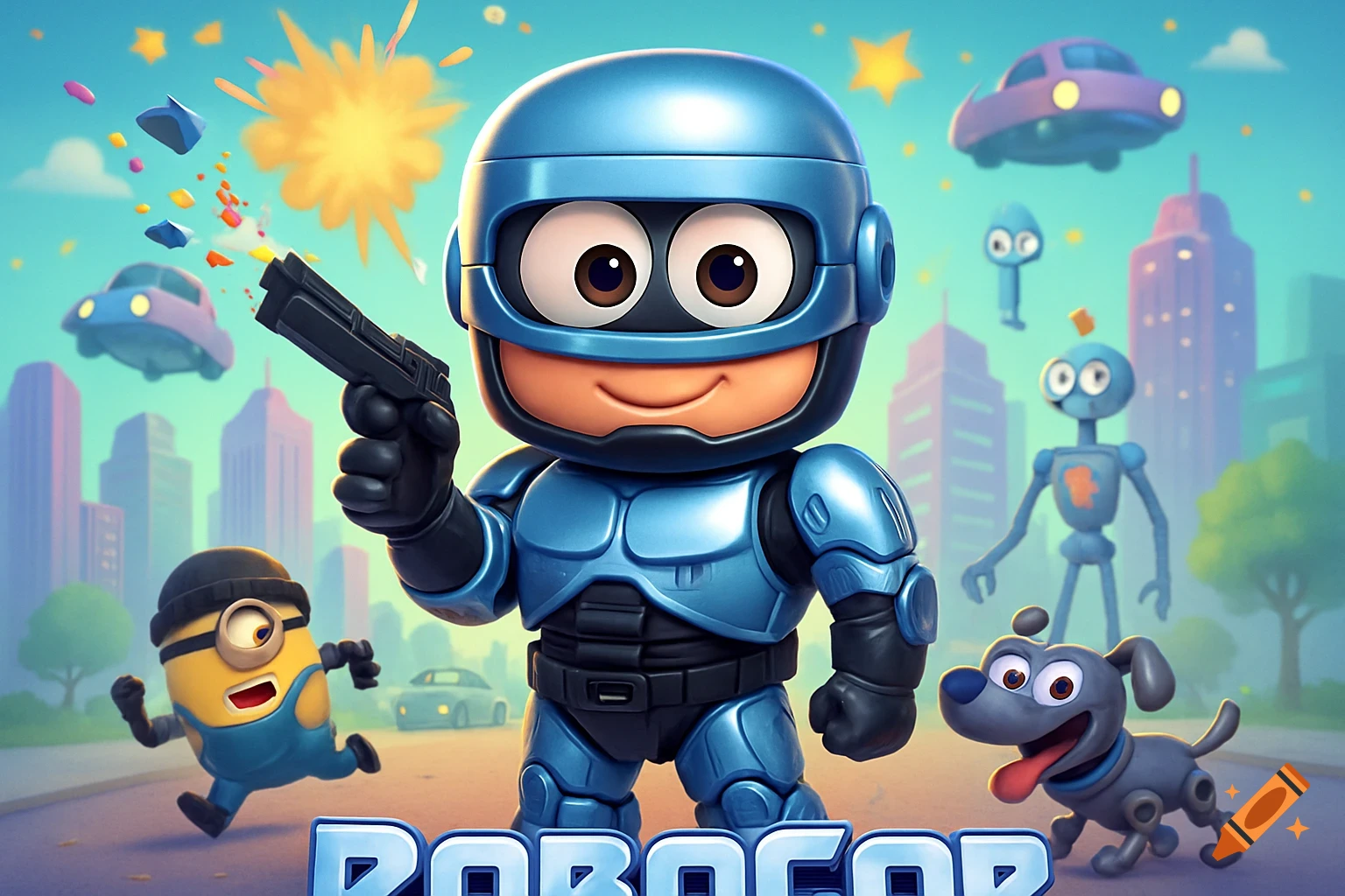 A cartoon RoboCop, Minion, and robot dog stand in a stylized futuristic ...