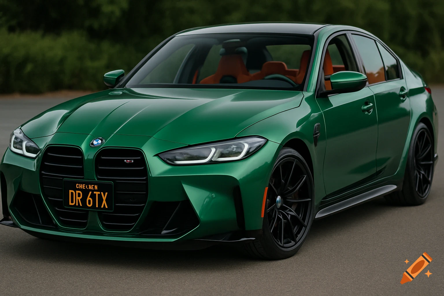 Green BMW M3 sedan parked on a road. on Craiyon