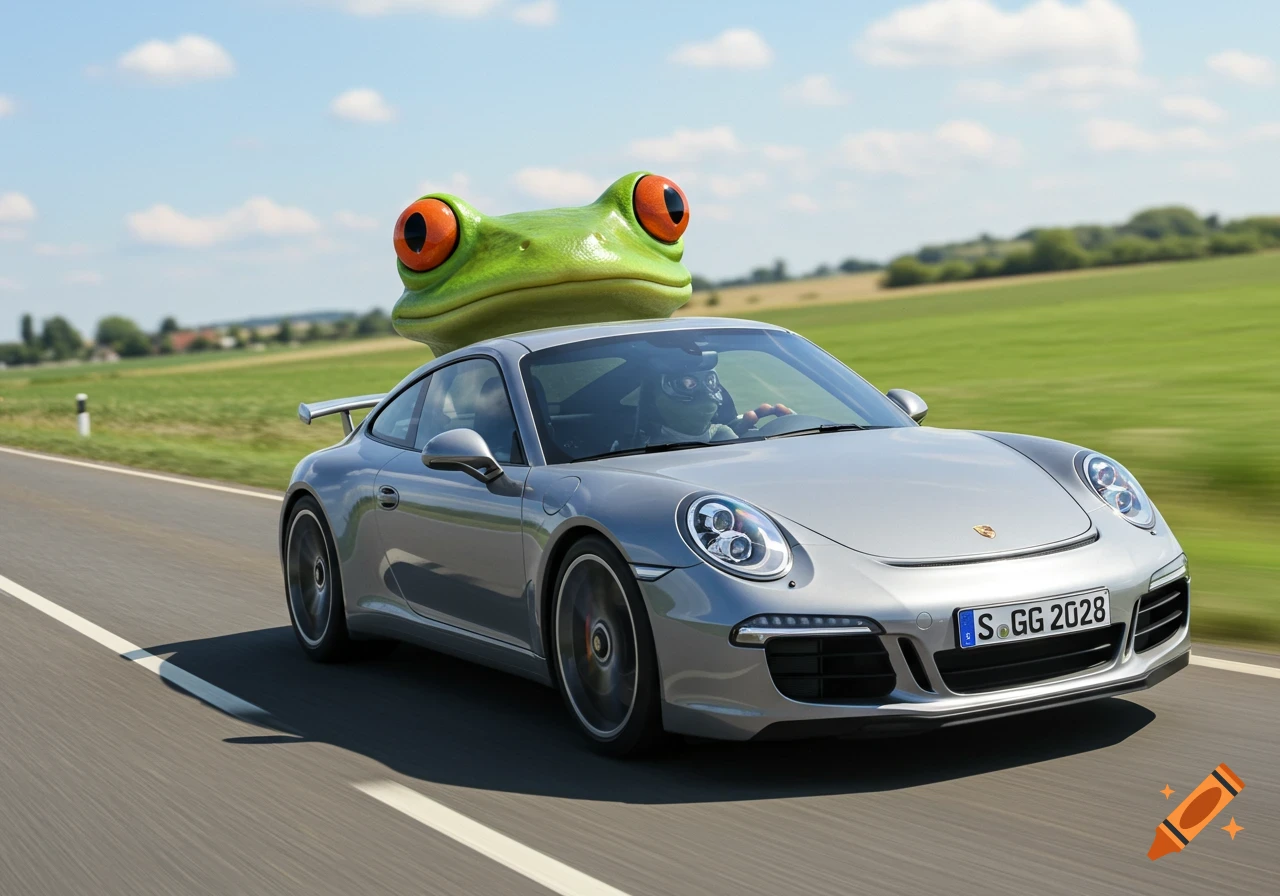 A large green frog drives a silver Porsche sports car on a road. on Craiyon