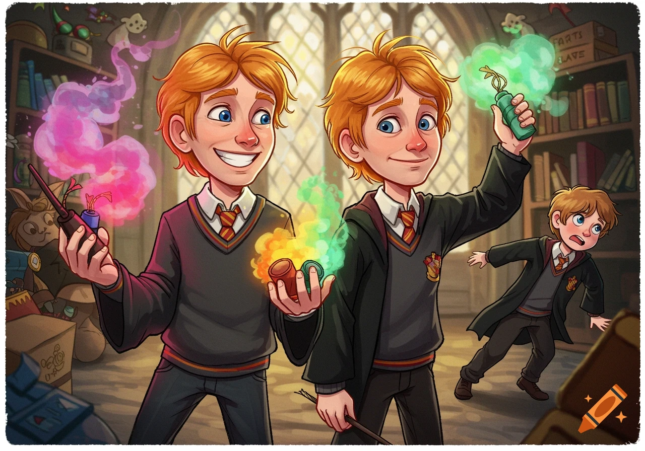 Cartoon of Fred and George Weasley in Hogwarts uniforms casting spells ...
