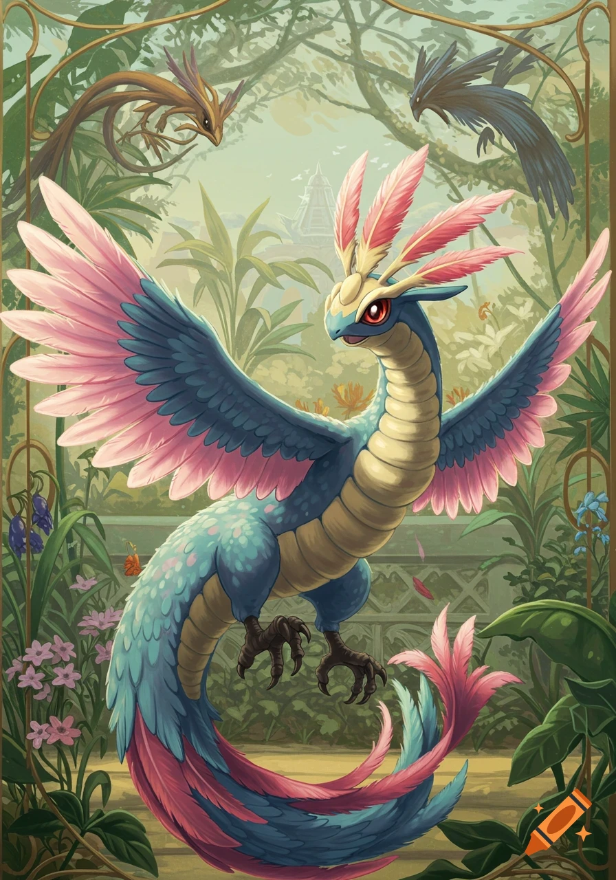 A vibrant blue and pink feathered fantasy creature stands in a ...
