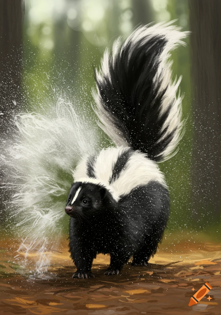 Illustration of a skunk spraying a white substance in a forest. on Craiyon