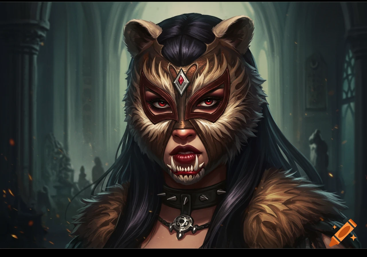 Close-up portrait of a woman wearing a furry bear mask with red eyes ...