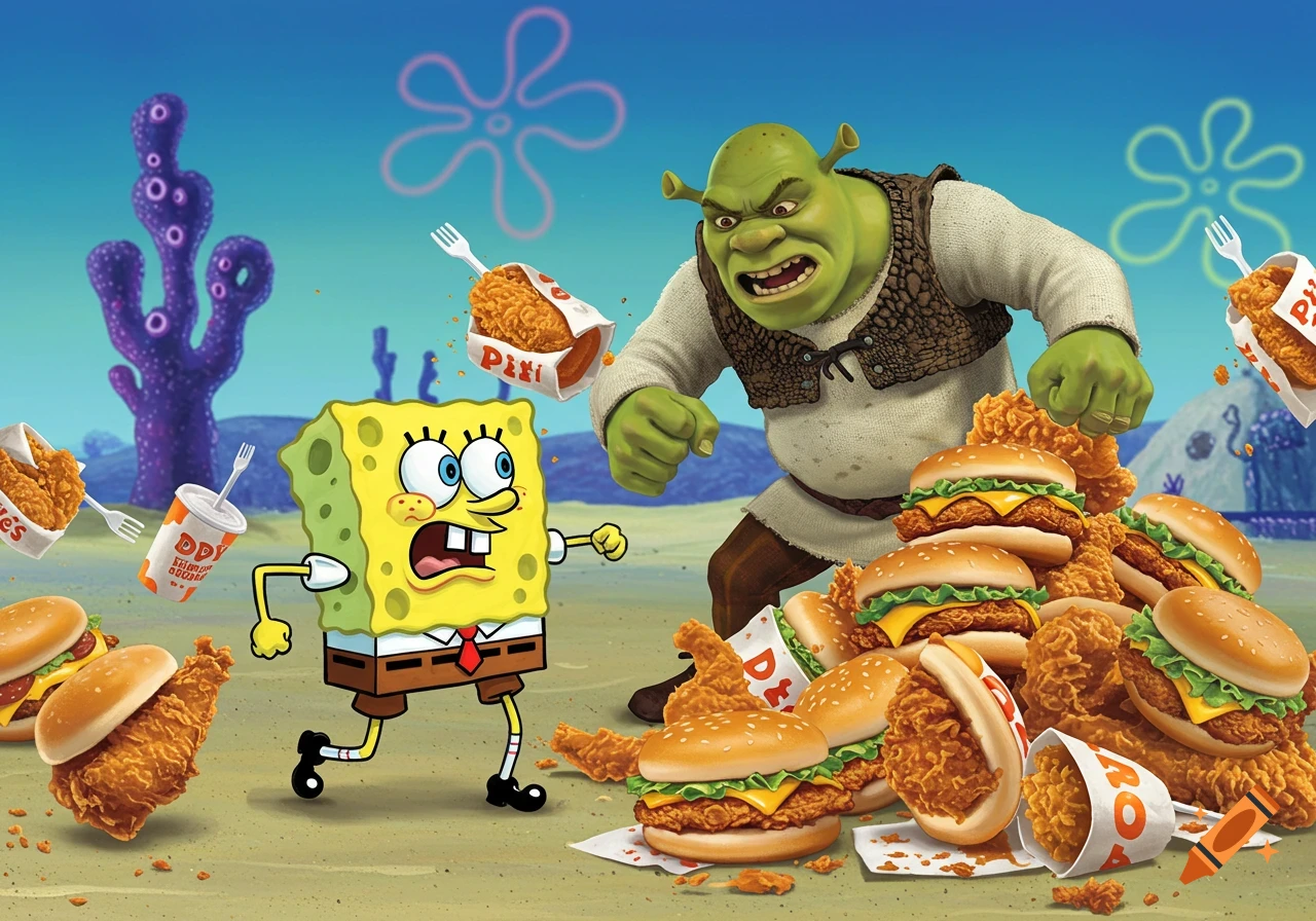 SpongeBob runs from Shrek in a sandy landscape filled with flying ...