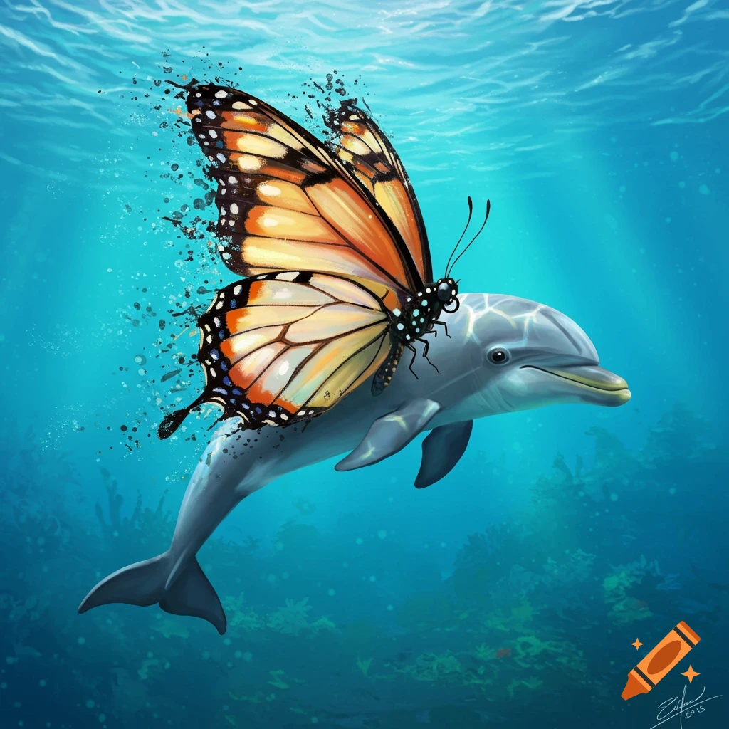 Surreal illustration of a dolphin with monarch butterfly wings swimming ...