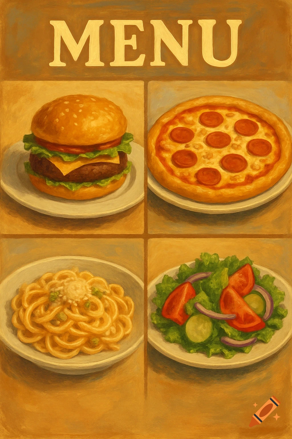Painting of a menu board with images of a burger, pizza, pasta, and ...